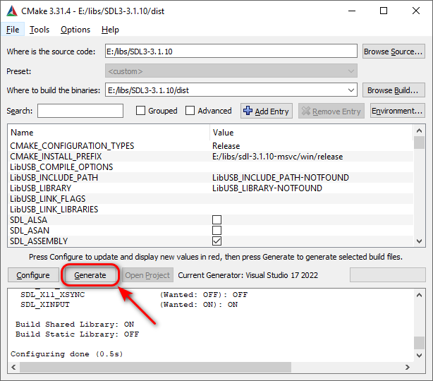 How to install SDL 3.1.10 using CMake and Visual Studio 2022 for Desktop